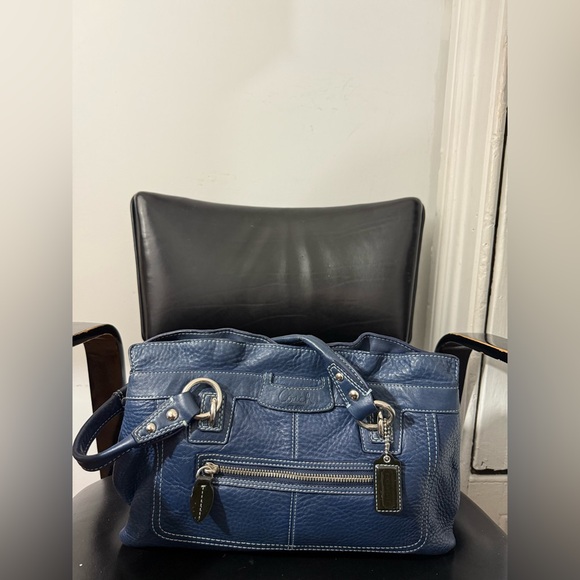 Coach | Bags | Coach Branded Indigo Blue Pebble Texture Shoulder Tote ...